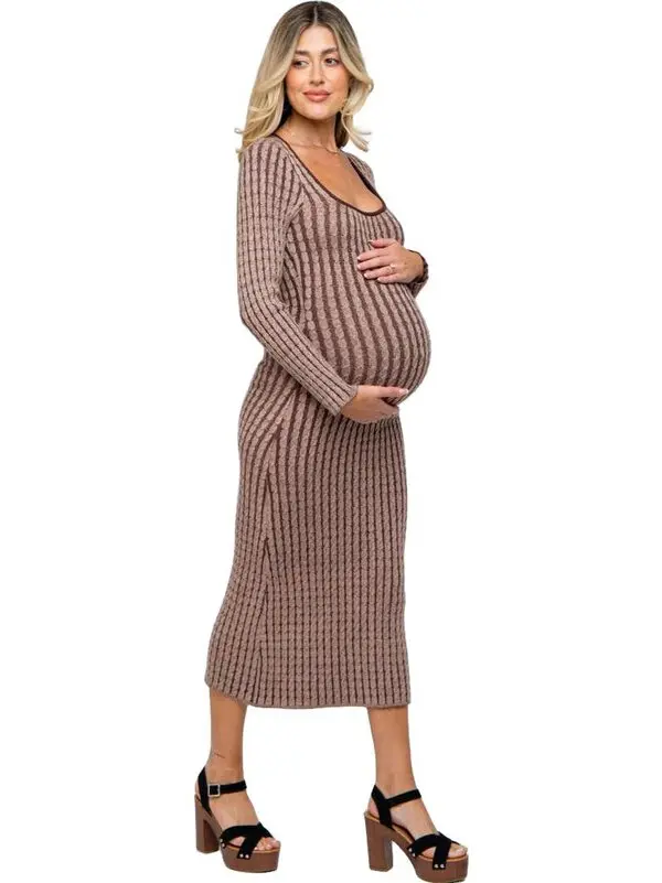 PINKBLUSH Cable Knit Fitted Midi Dress - Brown