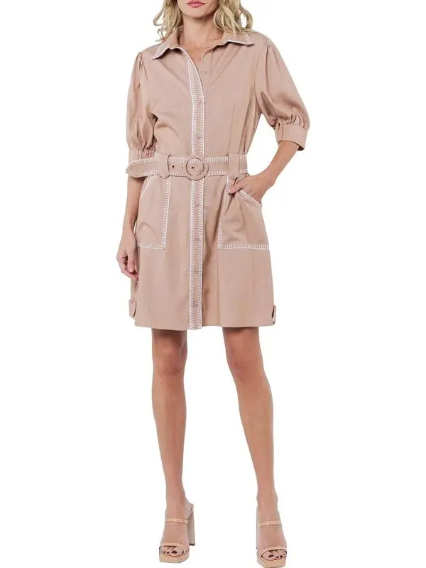 CIEBON Gelso Whipstitch Detail Shirtdress - Taupe
