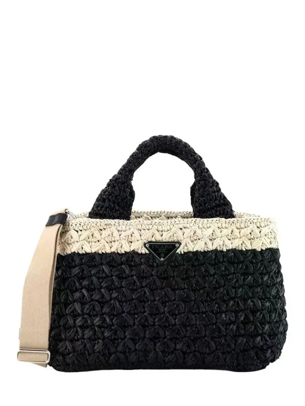 Prada Convertible Open Woven Raffia Small Tote Bag - Black