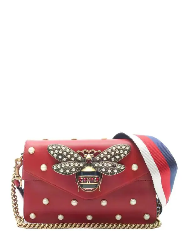 Gucci Bee Pearl Embellished Shoulder Bag - Red