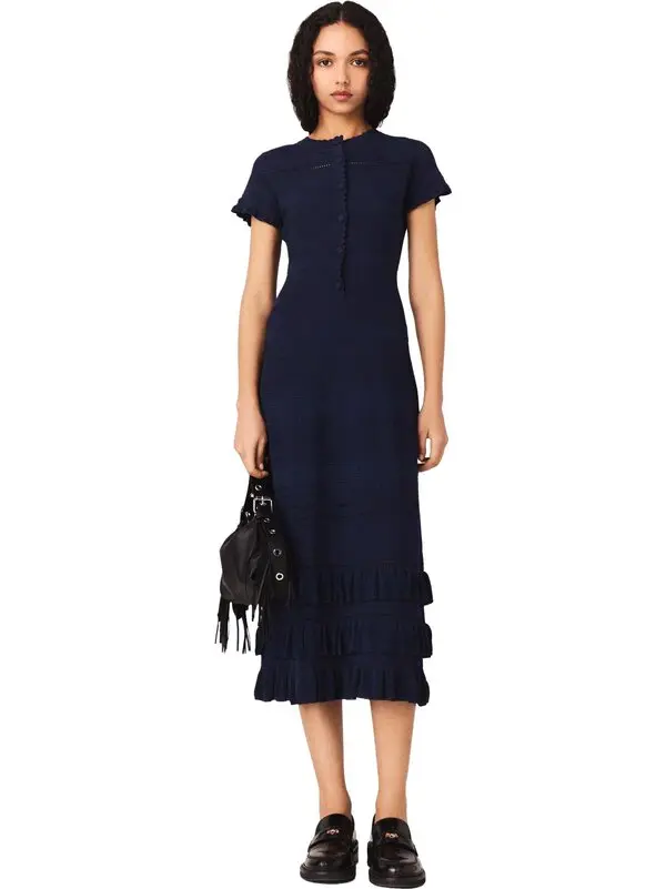 Maje Viscose Knit Midi Dress With Ruffles - Navy