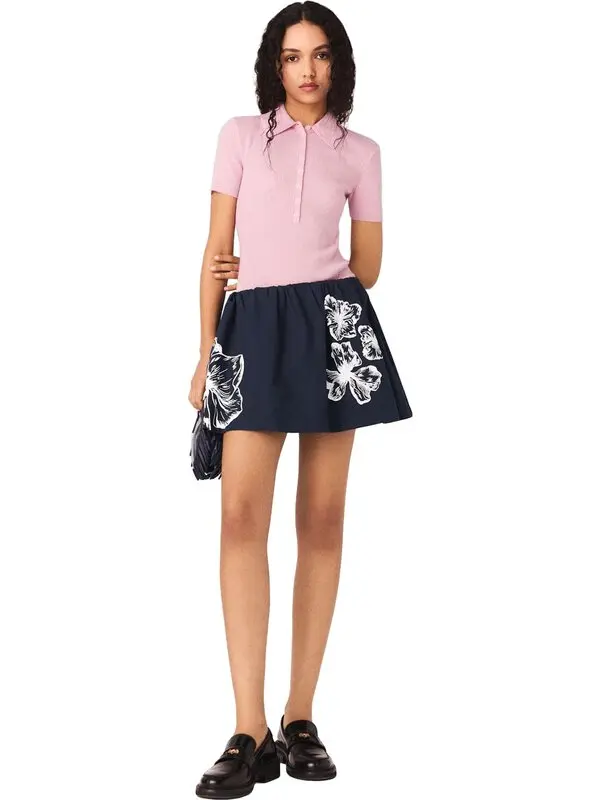 Maje Short Cotton Skirt With Graphic Floral Print - Navy