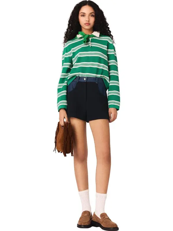 Maje Cotton Cropped Striped Polo Sweater - Green