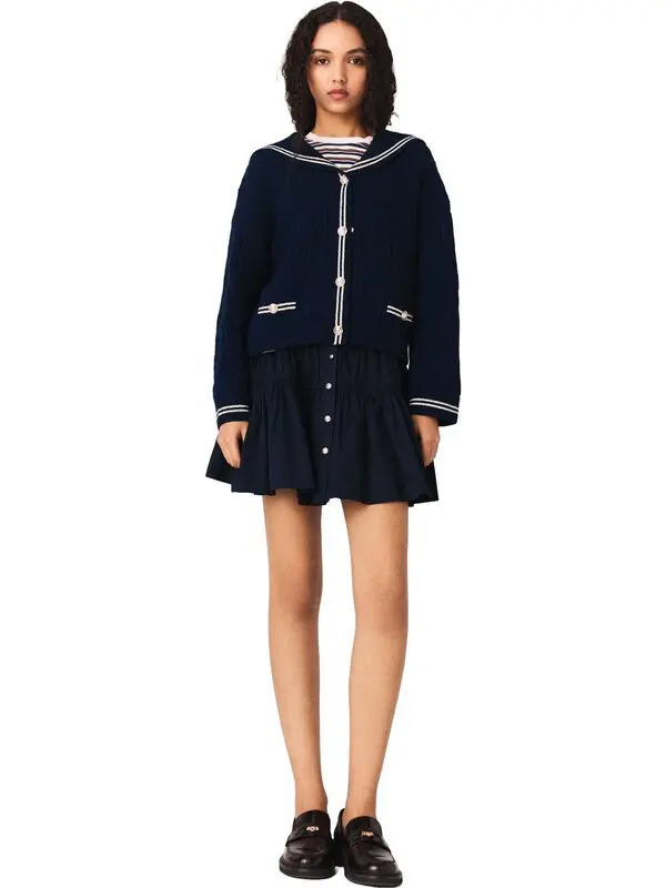 Maje Wool Cable-knit Cardigan With Striped Boat Neck - Navy