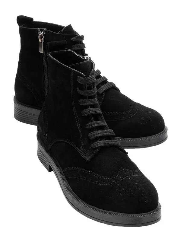 FOREVER & ALWAYS SHOES Nelvy Leather Brogue Boots - Black Suede