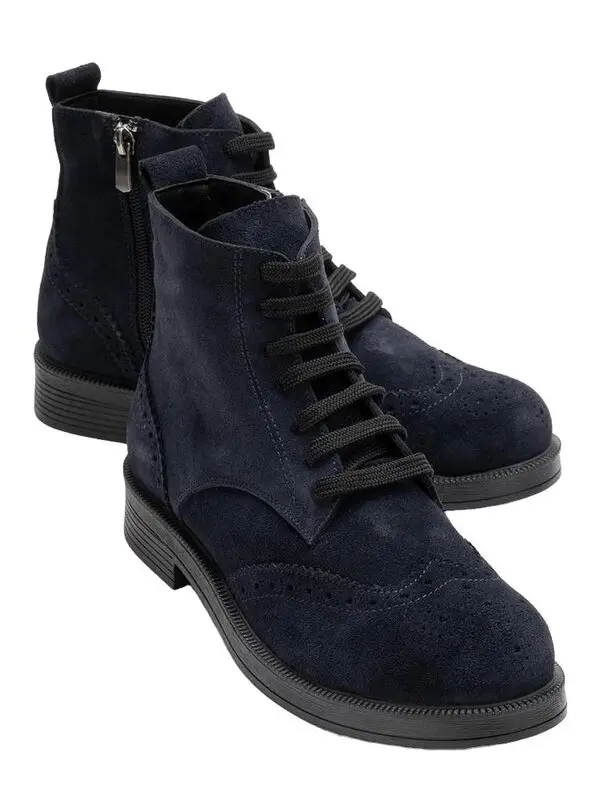 FOREVER & ALWAYS SHOES Nelvy Leather Brogue Boots - Navy Suede