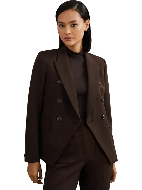 REISS Priya Twill Double-breasted Blazer - Chocolate Brown