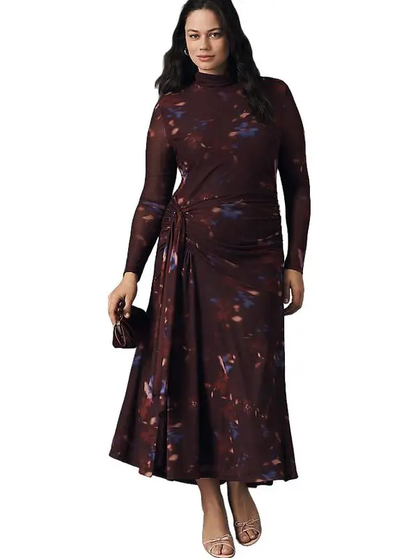 Astr The Label Aubriella Plus High-neck Midi Dress - Dark Plum Multi