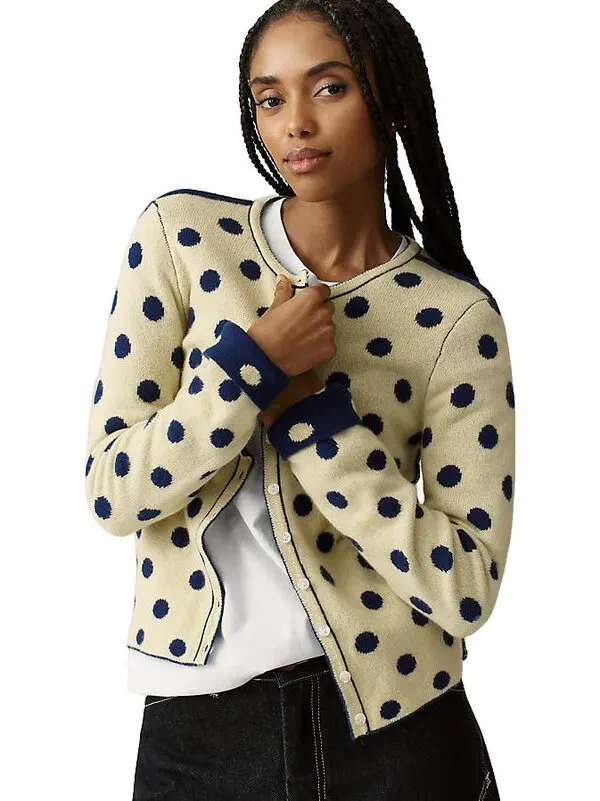 DAMSON MADDER Tabitha Wool Reversible Cardigan Sweater - Navy/butter Spot