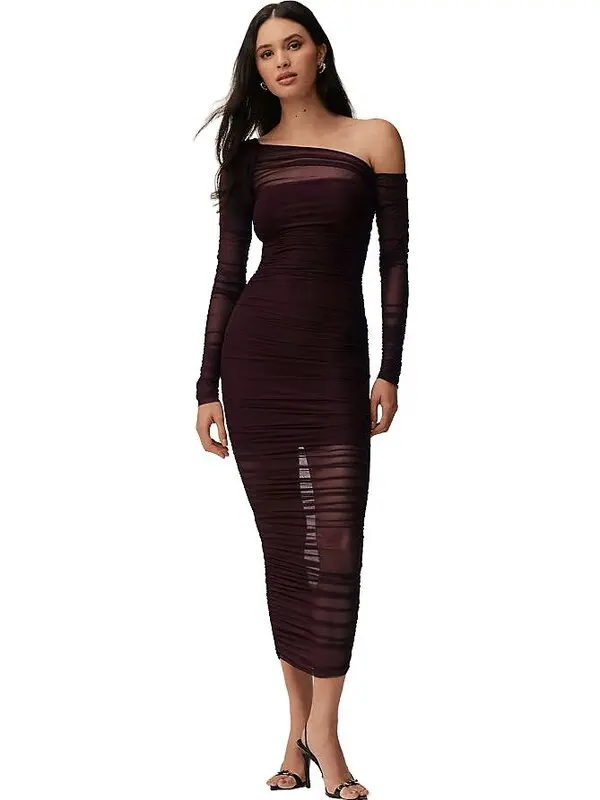 SEROYA Chante Mesh Long-sleeve Dress - Wine