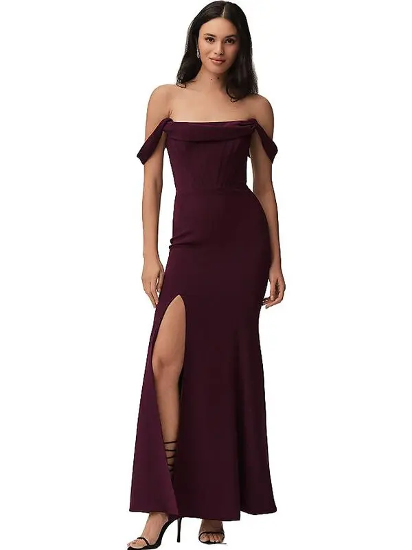 Dress The Population Off-the-shoulder Corset Crepe Maxi Dress - Dark Red