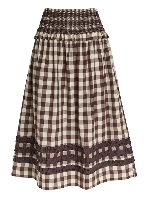 DAMSON MADDER Checked Ruffled Cotton Midi Skirt - Black