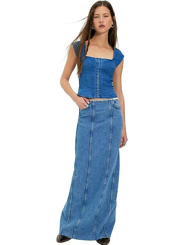 MOTHER The Chip Clip Maxi Fray Denim Skirt - Jerky