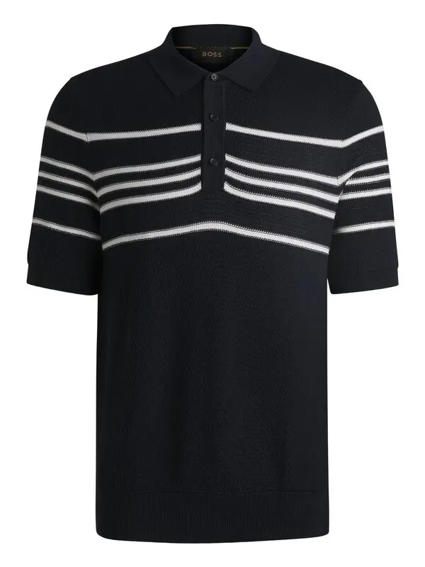 BOSS Knit Polo In Silk And Cotton With Stripe Details - Dark Blue