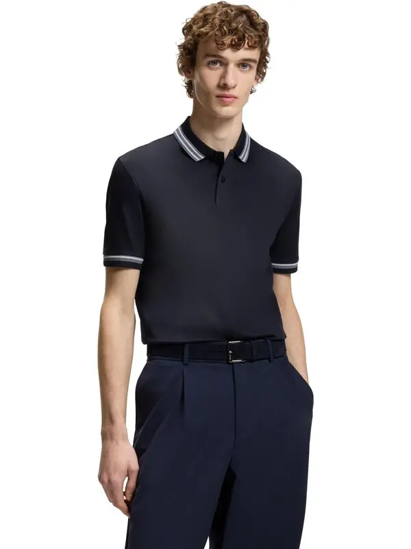 BOSS Contrast-tipping Slim-fit Polo Shirt In Mercerised Cotton - Dark Blue