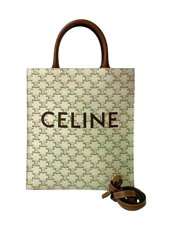 Celine 2021 Small Triomphe Coated Canvas Vertical Cabas Satchel - White