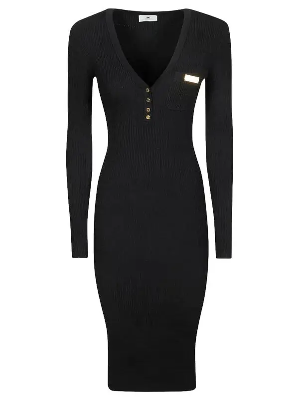 Elisabetta Franchi V-neck Button Midi Dress - Black