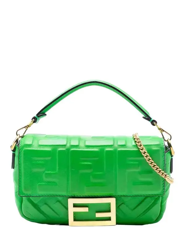 Fendi 2010-2025 Mini Zucca Embossed Leather Baguette Satchel - Green