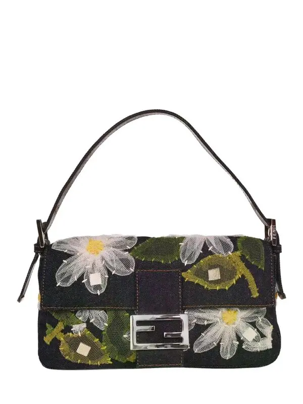 Fendi 2000 Denim Floral Baguette - Blue