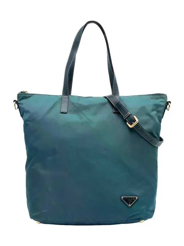 Prada Saffiano Trimmed Tessuto Convertible Tote Satchel - Blue
