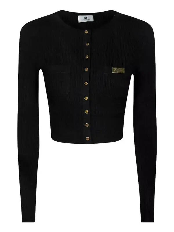 Elisabetta Franchi Micro-braided Knit Cardigan With Logo Detail - Black