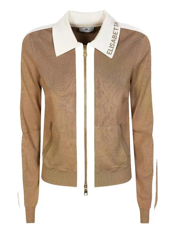 Elisabetta Franchi Zip Collared Cardigan With Logo Detail - Brown