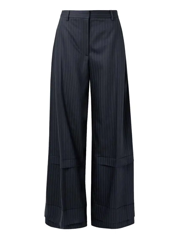 Khaite Linden Tiered Pinstriped Herringbone Twill Wide-leg Pants - Blue