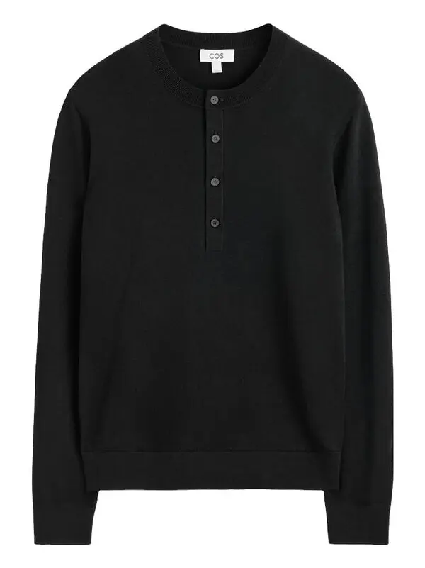 Cos Slim Merino Wool Henley Top - Black