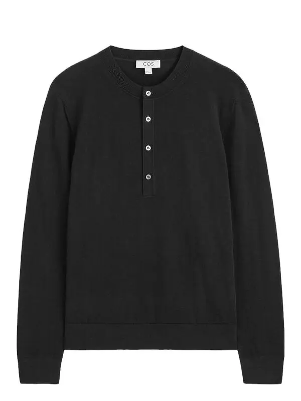 Cos Slim Fit Merino Wool Henley Top - Black