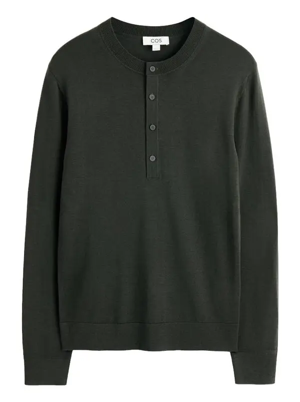 Cos Slim Merino Wool Henley Top - Green