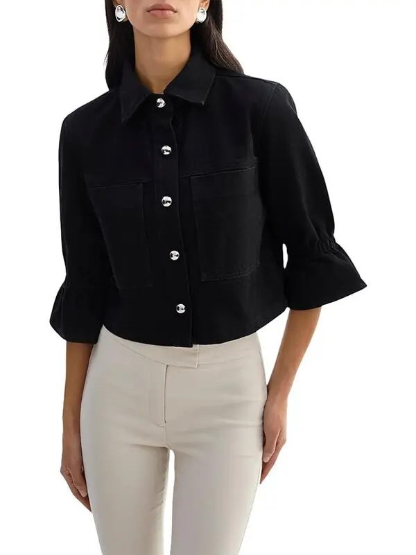 LAMARQUE Ruffle Sleeve Denim Jacket - Black
