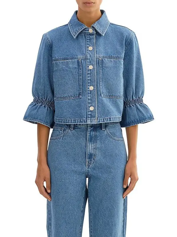 LAMARQUE Ruffle Sleeve Denim Jacket - Mid Blue Wash