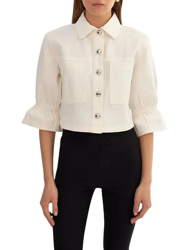 LAMARQUE Ruffle Sleeve Denim Jacket - White