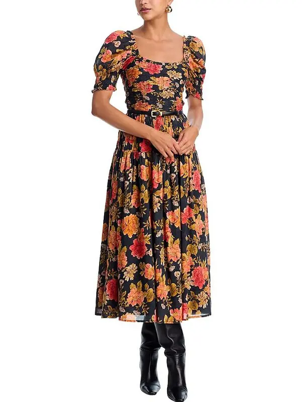 Aqua Adelaide Floral Smocked Midi Dress - Black Multi