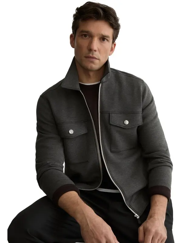 REISS Medina Premium Interlock Zip-through Overshirt - Charcoal Melange