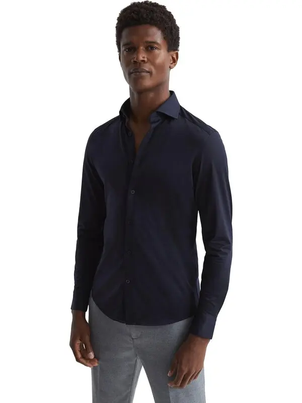 REISS Nate Cotton-blend Jersey Cutaway-collar Shirt - Navy