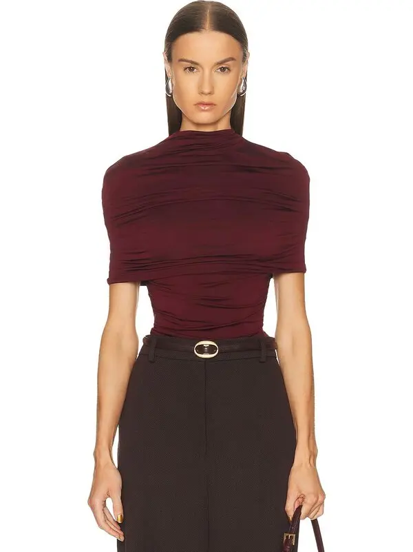 Lapointe Jersey Mock Neck Ruched Top - Crimson