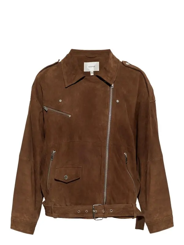 GESTUZ Suede Leather Biker Jacket - Brown