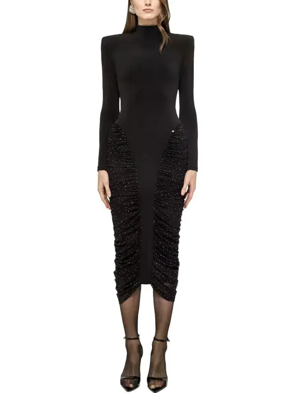 NISSA Rhinestone-embellished Ruched Midi Dress - Black