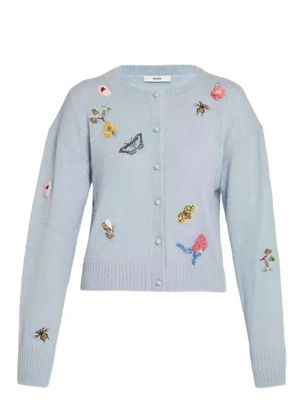 Erdem Floral-embellished Crew-neck Cardigan - Blue