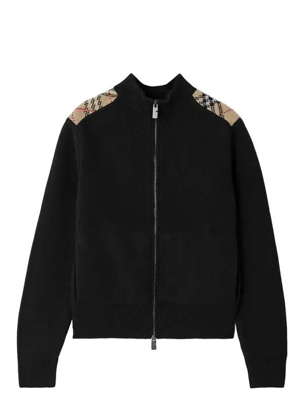 Burberry Checked Ribbed Wool And Cashmere-blend Turtleneck Cardigan - Black