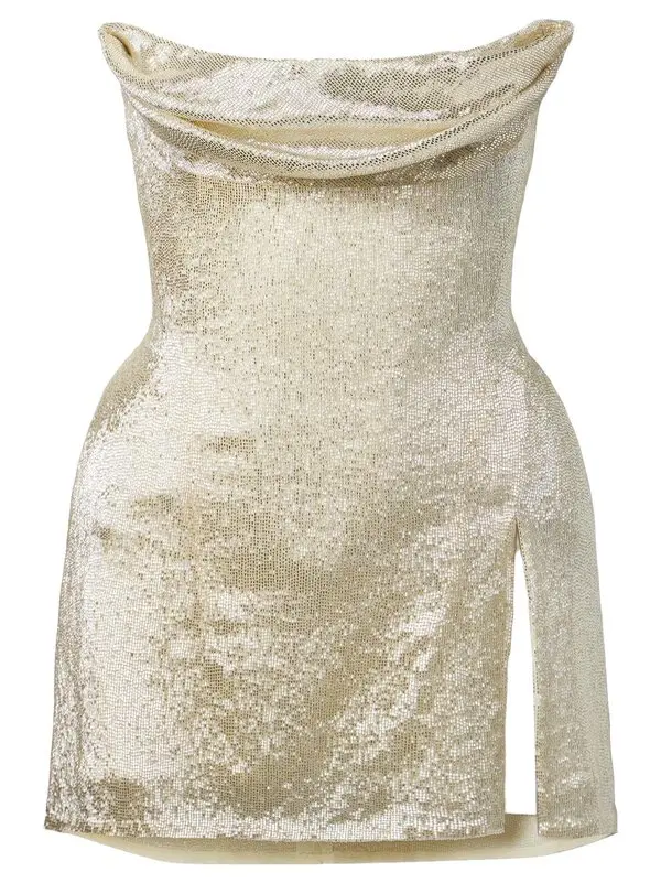 WIEDERHOEFT Ivy Draped Strapless Beaded Tulle Mini Dress - Silver
