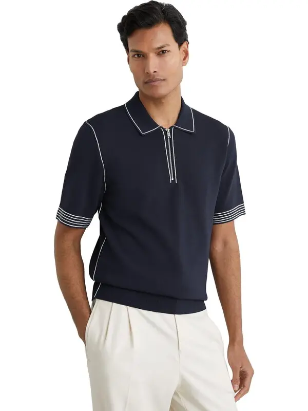 REISS Mason Stitch-detail Half-zip Polo Shirt - Navy