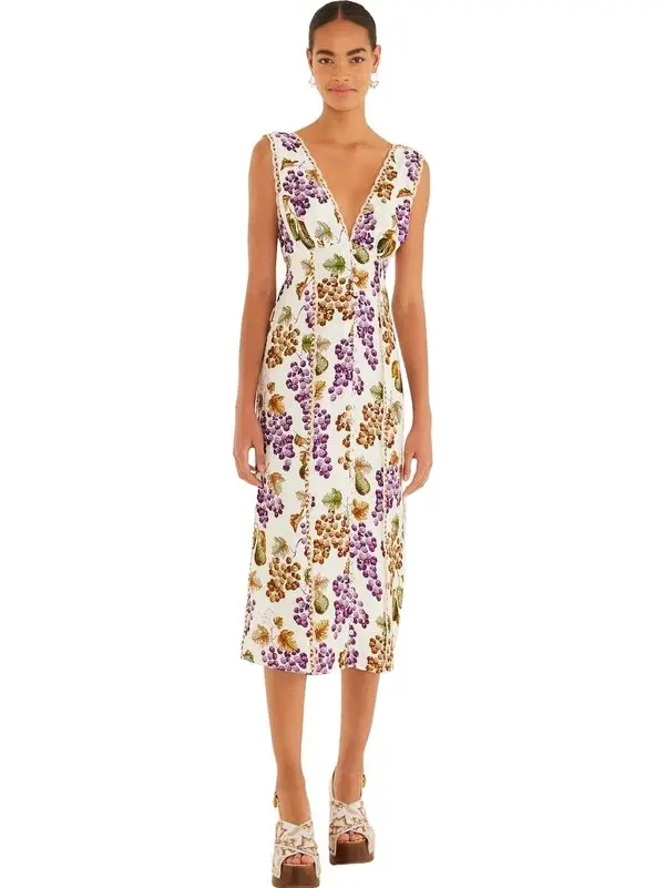 Farm Rio Cream Grape Garden Viscose Midi Dress - Grape Garden Cream