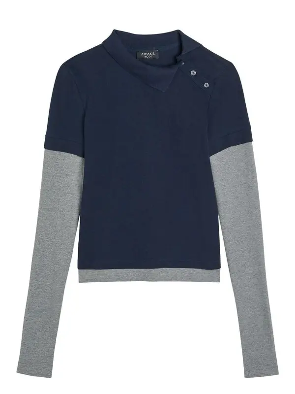 A.W.A.K.E. Mode Asymmetric-collar Layered Piqué Cotton Polo Shirt - Navy