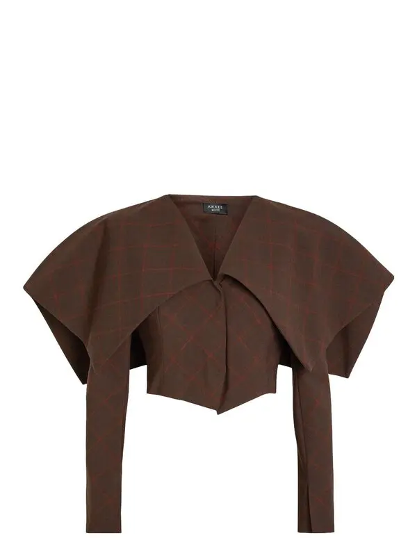 A.W.A.K.E. Mode Checked Cropped Jacket With Oversized Collar - Brown