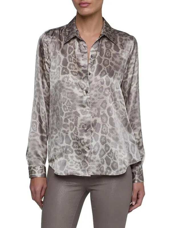 L'Agence Tyler Leopard Print Silk Shirt - Grey Multi Patch Leopard
