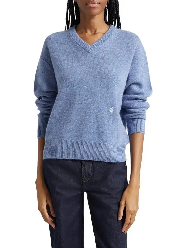 SPORTY & RICH Embroidered Logo Cashmere And Wool V-neck Sweater - Colony Blue