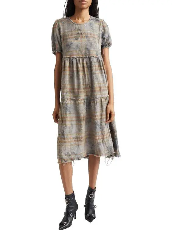 R13 Plaid Shredded Relaxed Cotton Flannel Midi Dress - Overdyed Light Blue Plaid