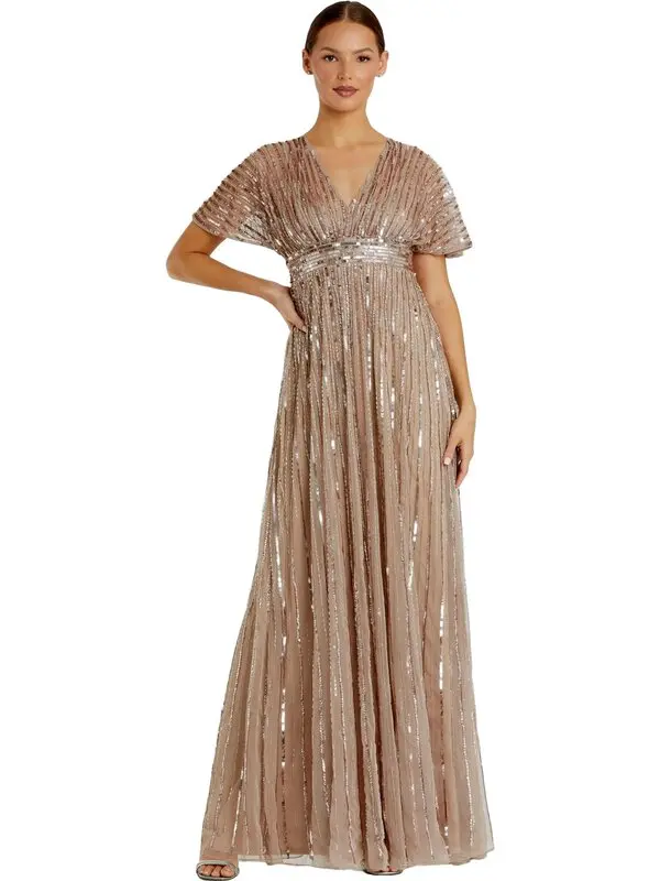 Mac Duggal Embellished Short Sleeve Empire Waist Gown - Taupe